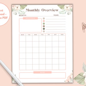 Monthly Overview Insert, Month at a Glance Printable, Boho Planner, A5 ...