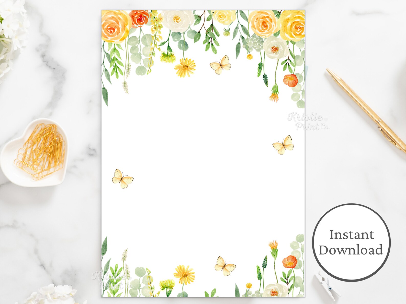 Yellow Floral Stationery, Floral Printable Stationery Paper, Floral ...
