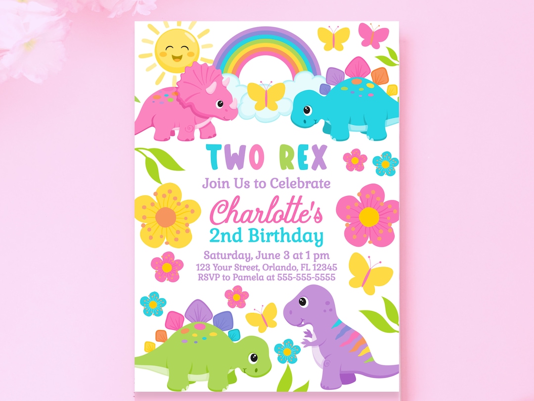 Two Rex Birthday Invitation Girl Dinosaur Party Dinosaur Birthday Pink ...
