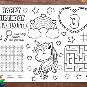 Editable Unicorn Placemat, Birthday Party Coloring Placemat, Unicorn ...