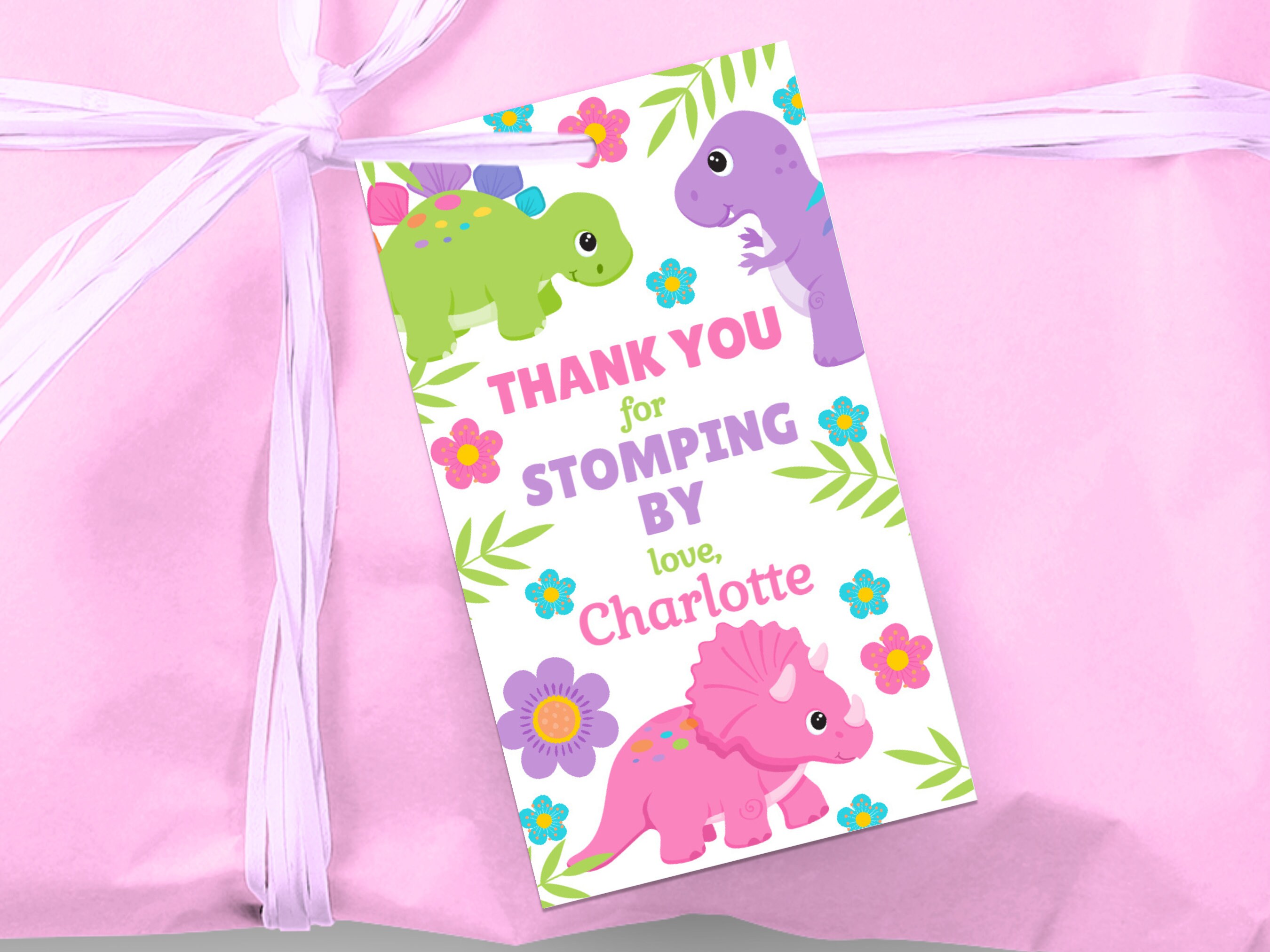 Girl Dinosaur Favor Tags Dinosaur Birthday Thank You Tag Girl Dinosaur ...