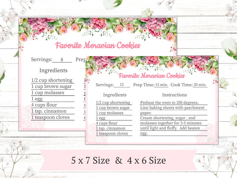 Floral Recipe Card Template, Recipe Card Custom, Recipe Template ...