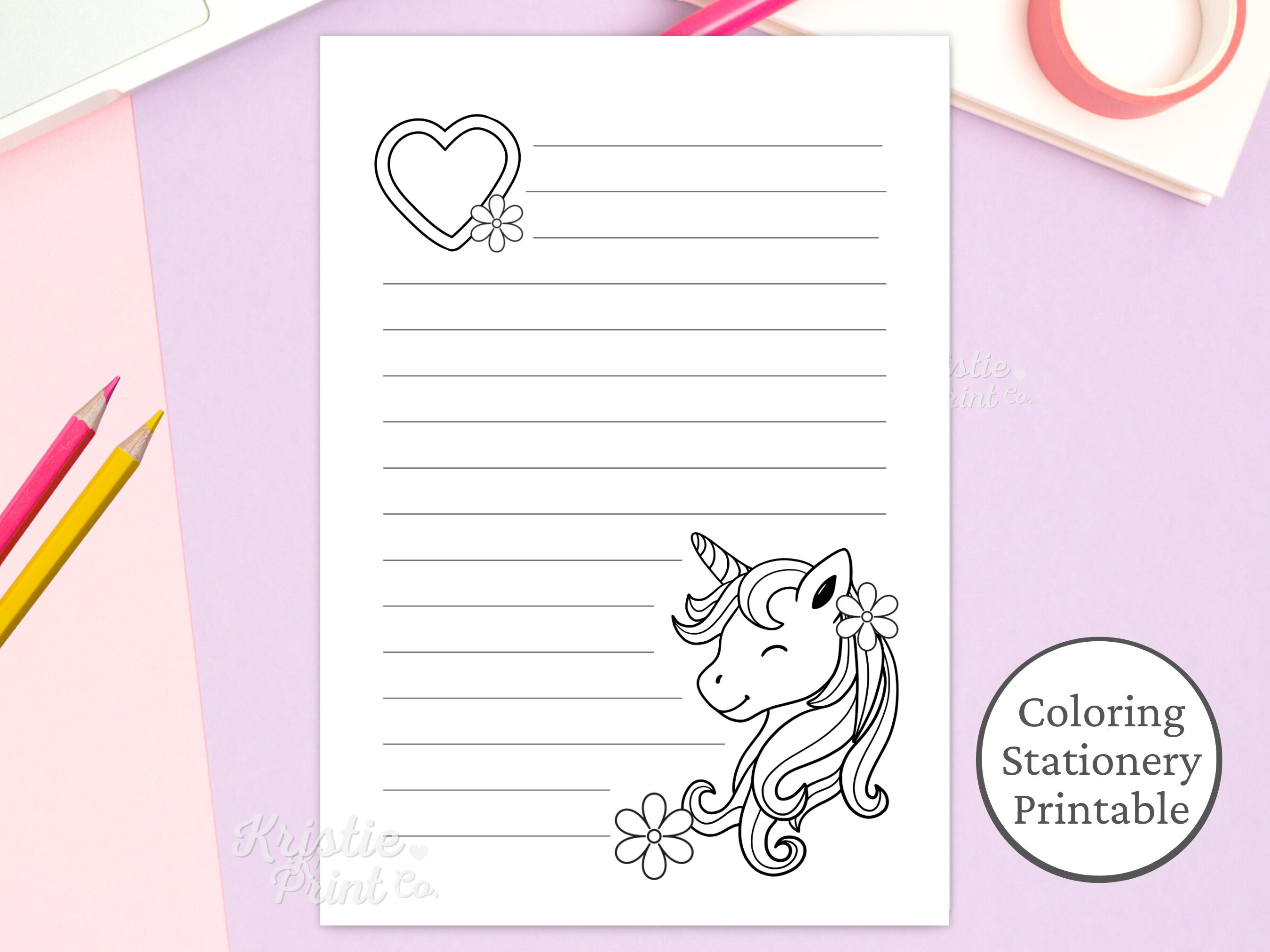 Unicorn Stationery, Coloring Stationery, Printable Kawaii Letter Paper ...