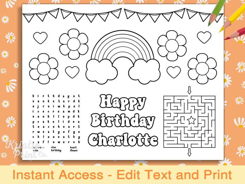 Custom Cute Coloring Page for Birthday, Retro Groovy Birthday Favors ...
