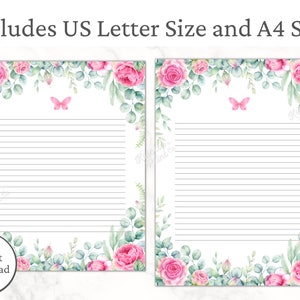 Pink Roses Stationery, Floral Lined Paper, Printable Stationery Paper ...
