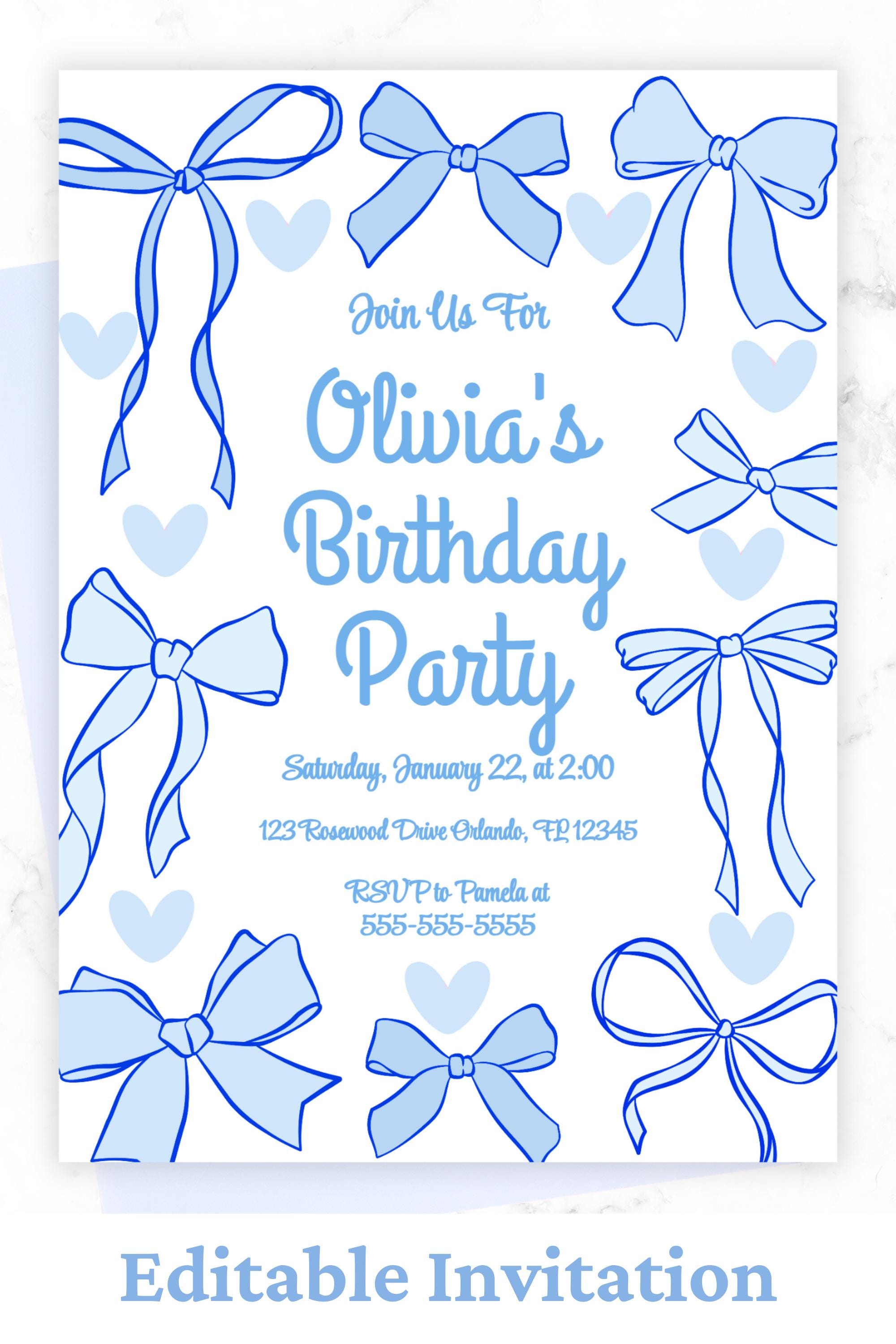 Blue Bow Theme Birthday Invite Blue Bow Birthday Bow Invite Coquette ...