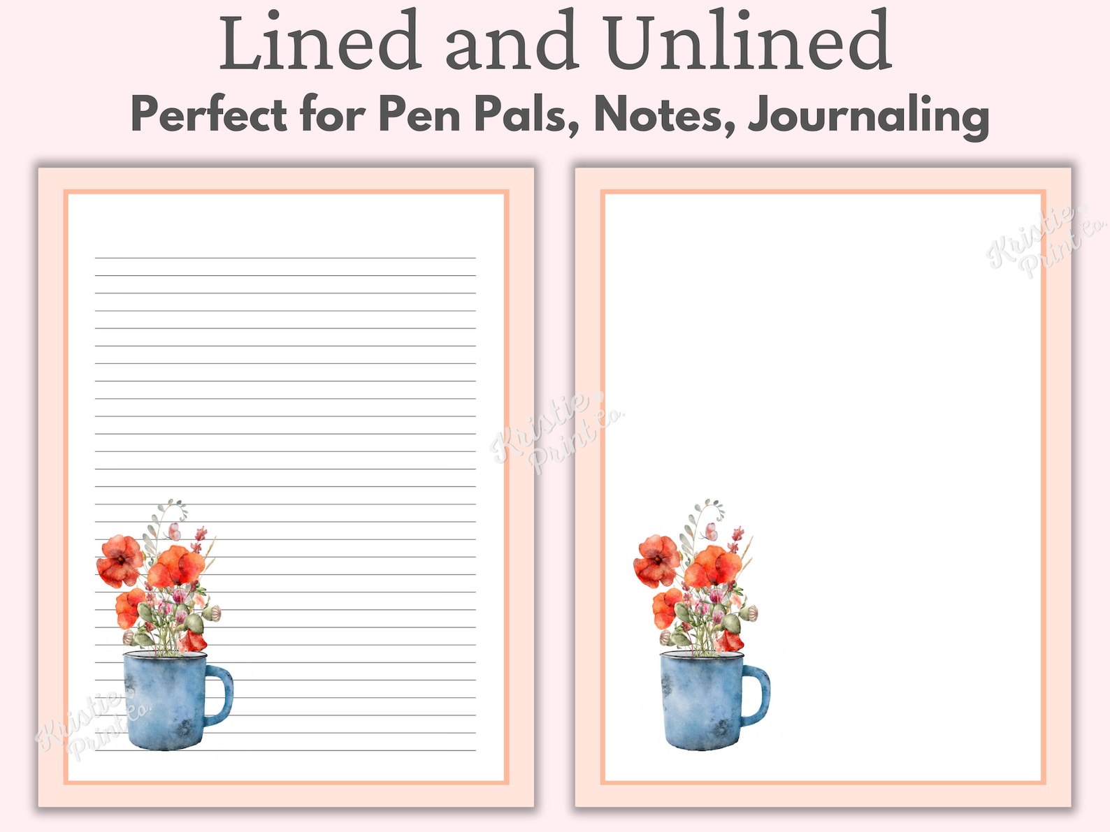 Poppy Stationery, Printable Lined Paper Bundle, Letter Writing Paper ...