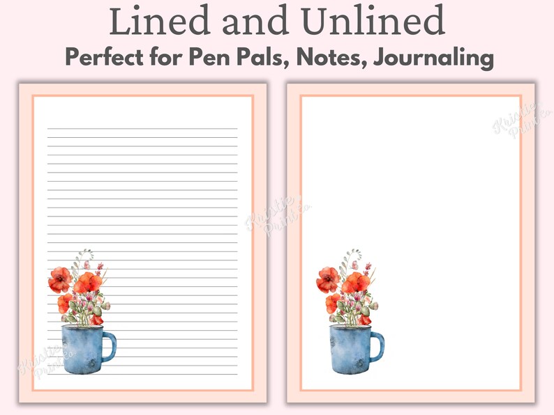 Poppy Stationery, Printable Lined Paper Bundle, Letter Writing Paper ...