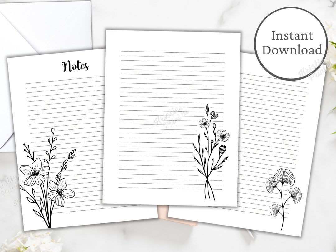 Printable Stationery Set, Black and White Floral Lined Paper ...