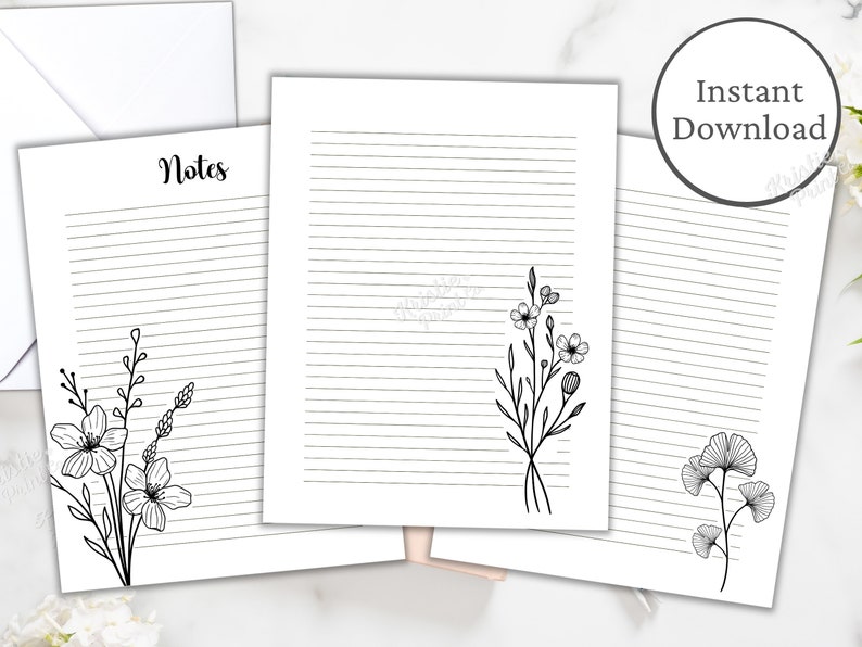 Printable Stationery Set, Black and White Floral Lined Paper ...