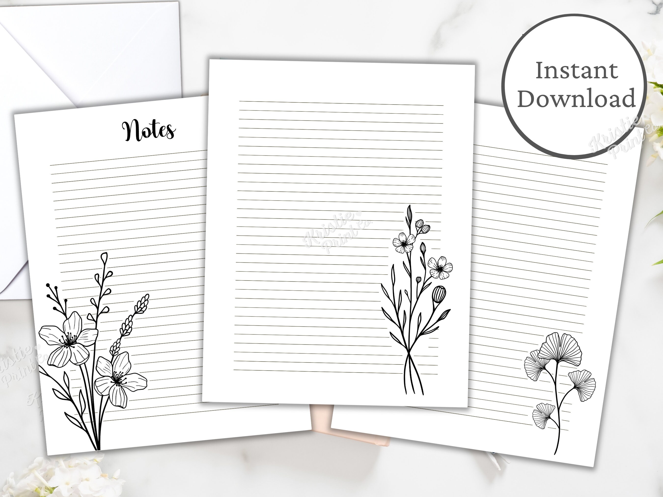 Printable Stationery Set, Black and White Floral Lined Paper ...