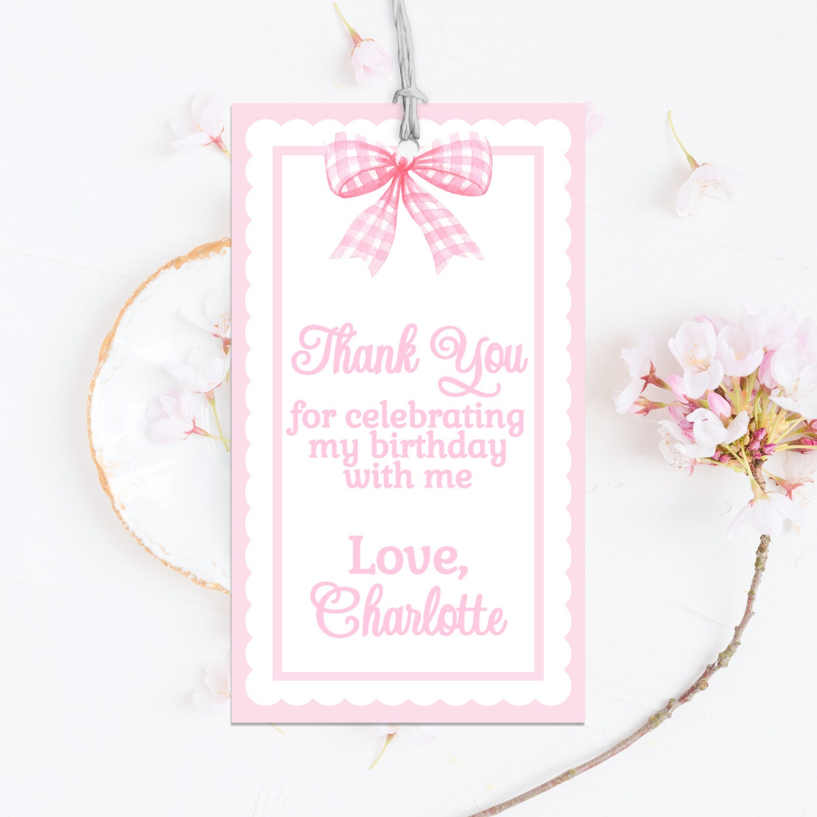 Pink Bow Thank You Tag Pink Bow Favor Tag Classic Pink Birthday Favor ...