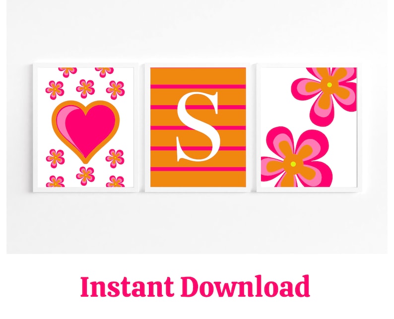 Preppy Heart Wall Art Trendy Poster Prints Pink and Orange - Etsy