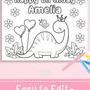 Dinosaur Birthday Coloring Sheet for Girls Dinosaur Party Cute Coloring ...