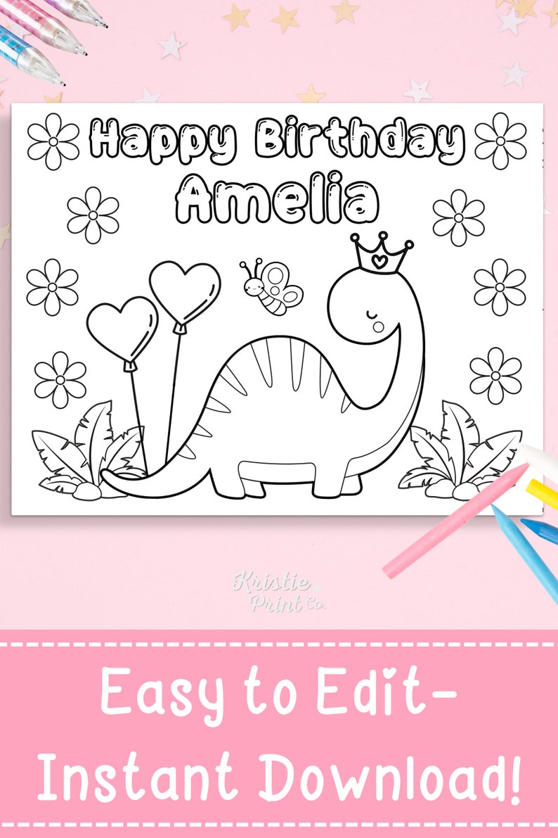 Dinosaur Birthday Coloring Sheet for Girls Dinosaur Party Cute Coloring ...