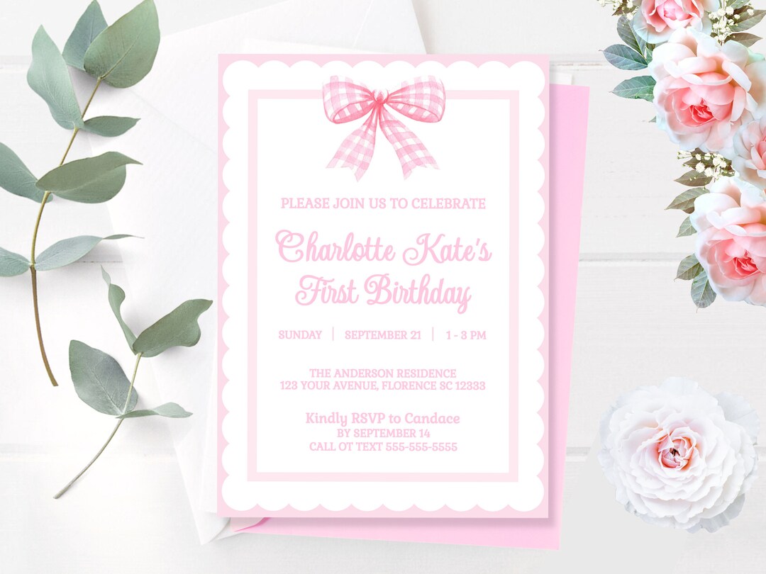 First Birthday Invite Classic Pink Bow Invitation Pink Bow Party Decor ...