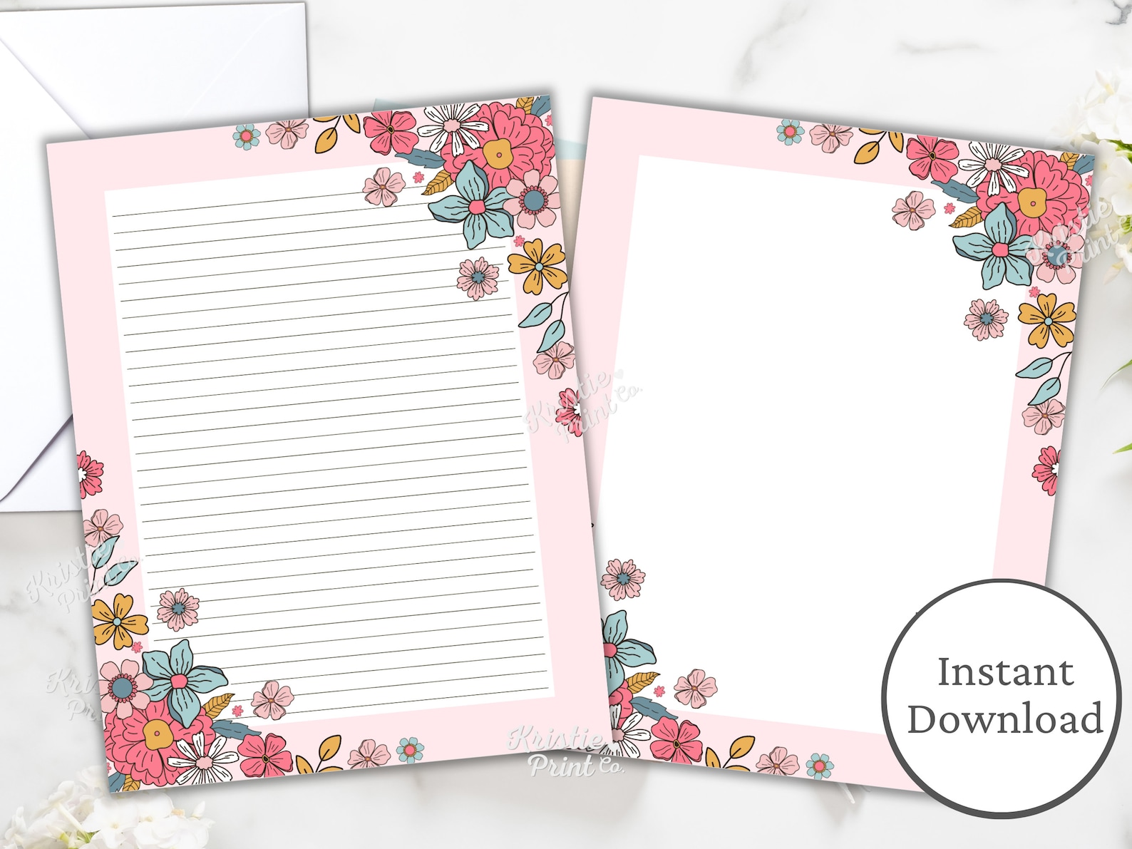 Floral Stationery Printable, Floral Lined Paper, Printable Stationery ...