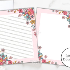 Floral Stationery Printable, Floral Lined Paper, Printable Stationery ...