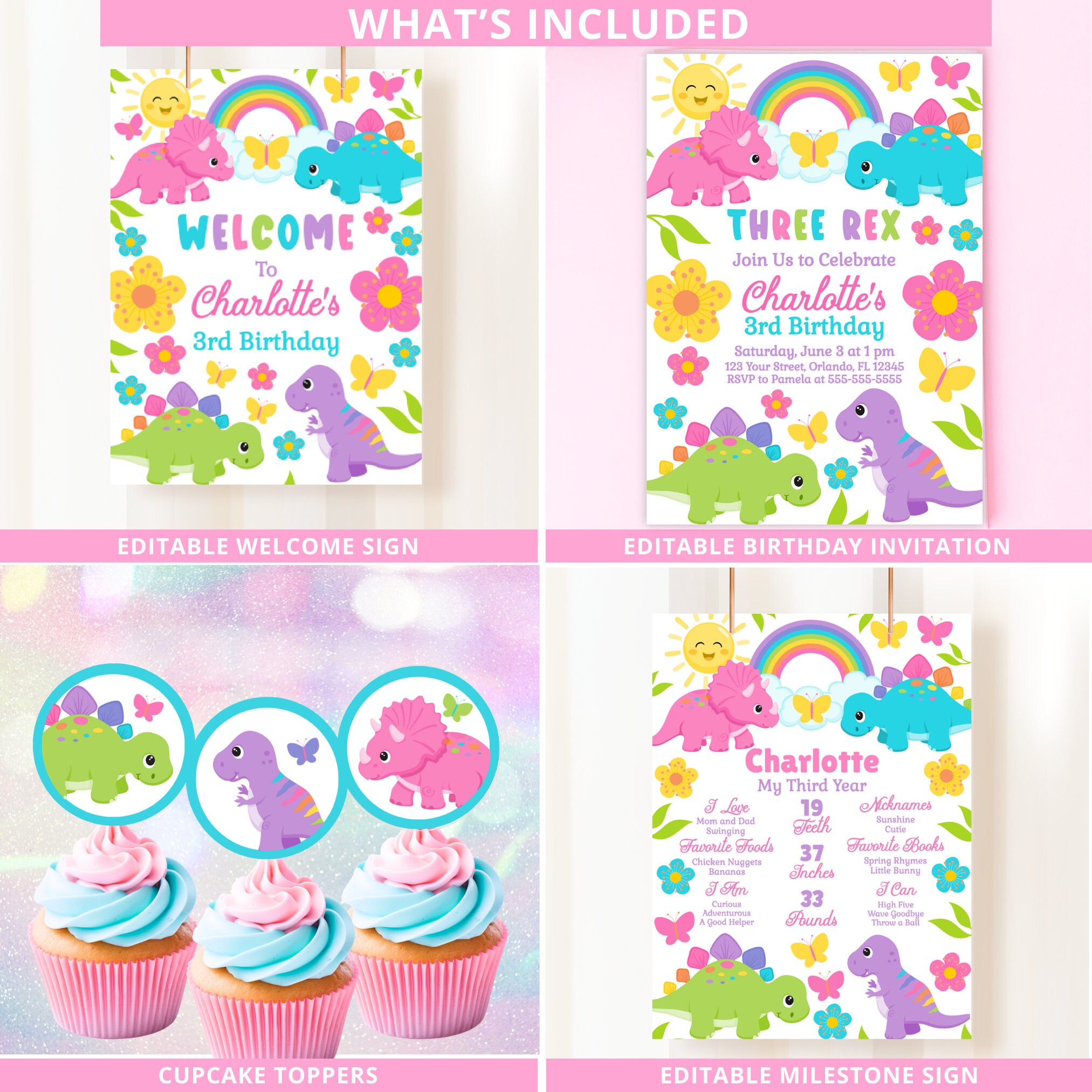 Three Rex Girl Birthday Party Bundle Dinosaur Birthday Dinosaur Party ...