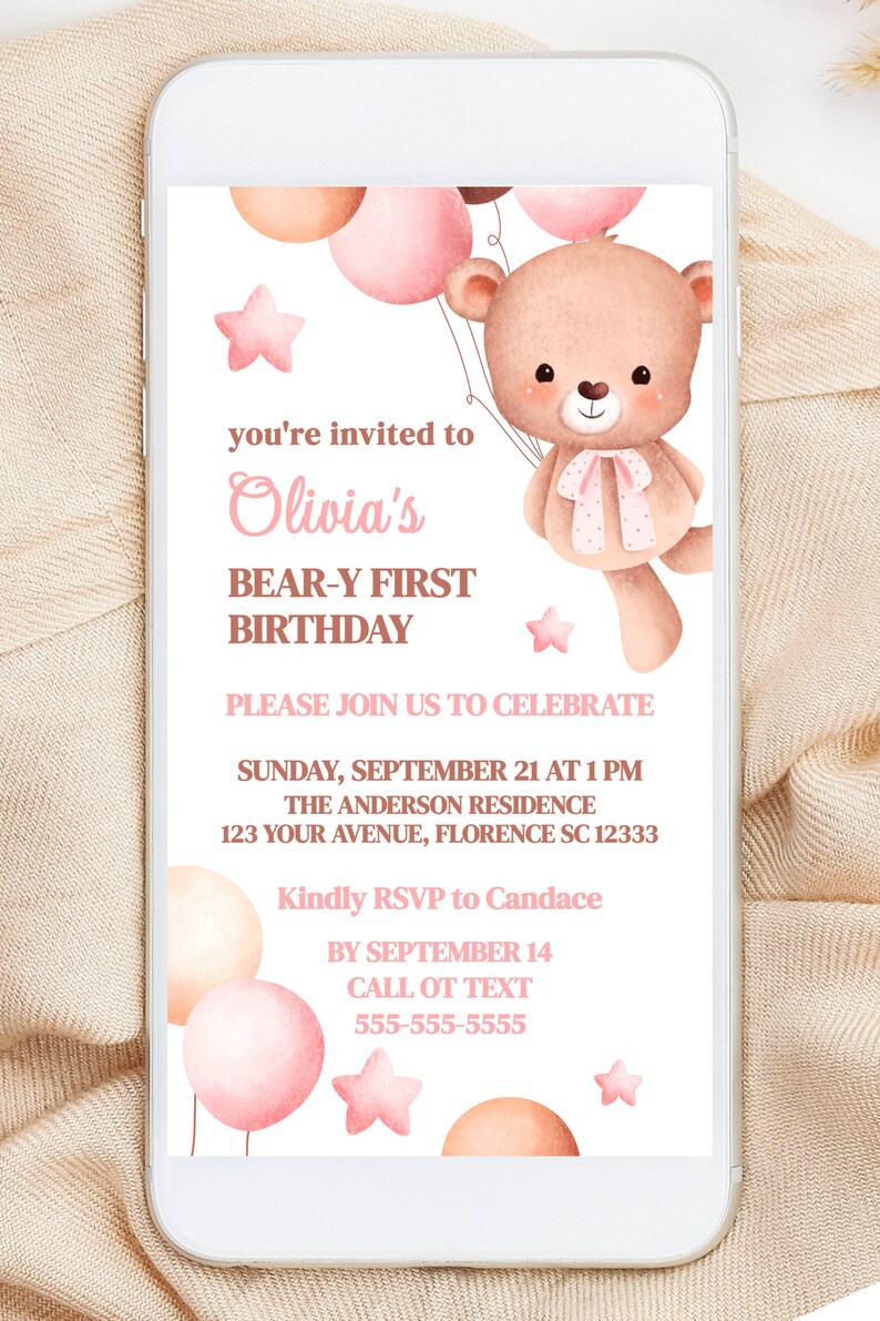 Beary First Birthday Girl Invitation Digital Teddy Bear Birthday Text ...