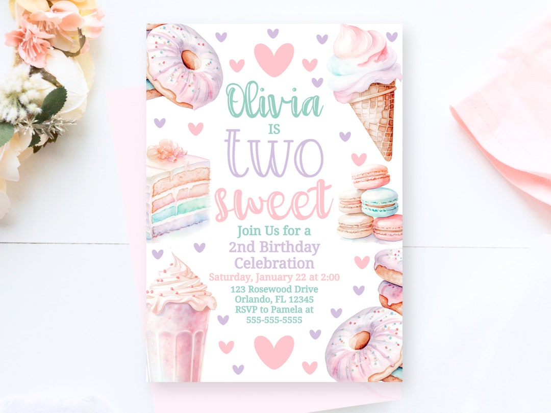 Two Sweet Second Birthday Invite Two Sweet Birthday Party Girls 2nd ...