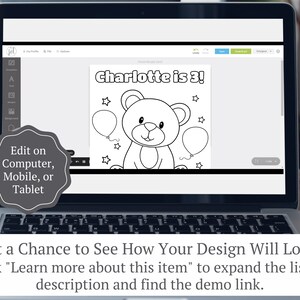 Editable Bear Birthday Favor, Bear Coloring Page Printable, Bear Theme ...