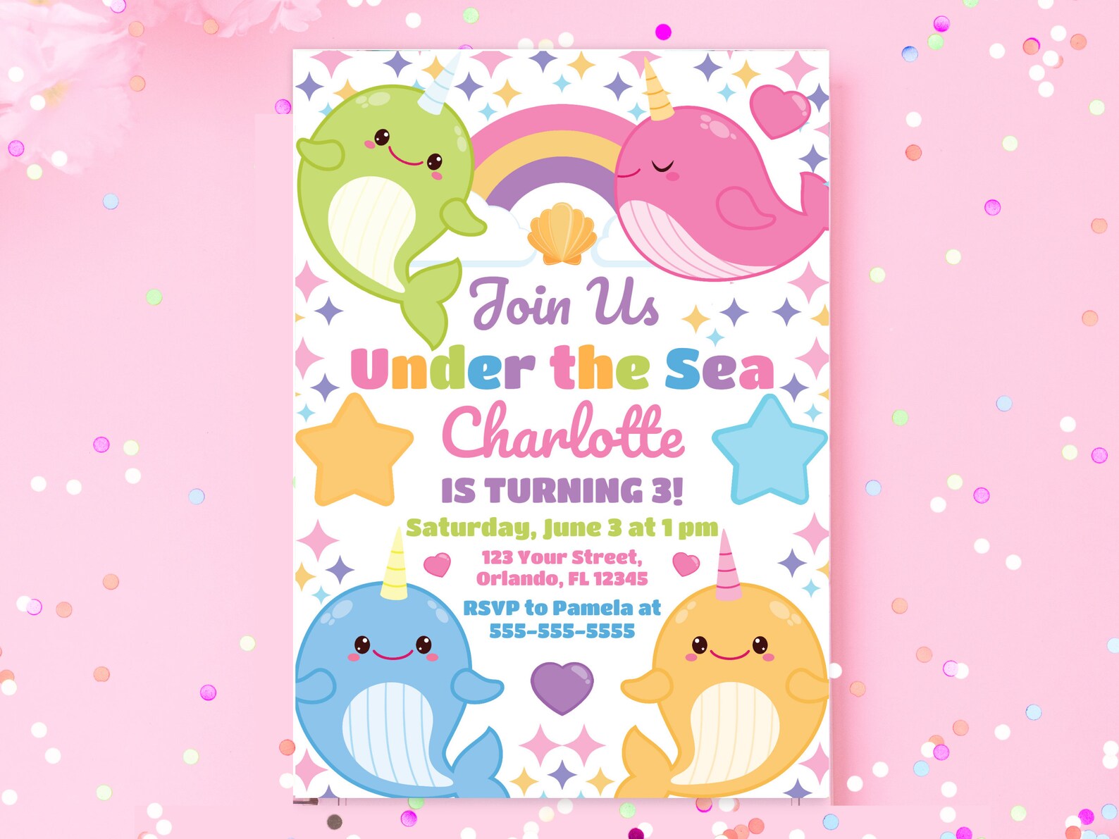 Narwhal Birthday Invitation Under the Sea Party Girl Birthday Invite ...