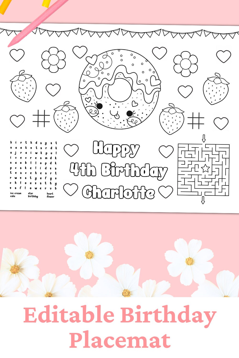Doughnut Birthday Party Coloring Placemat, Happy Birthday Coloring Page ...