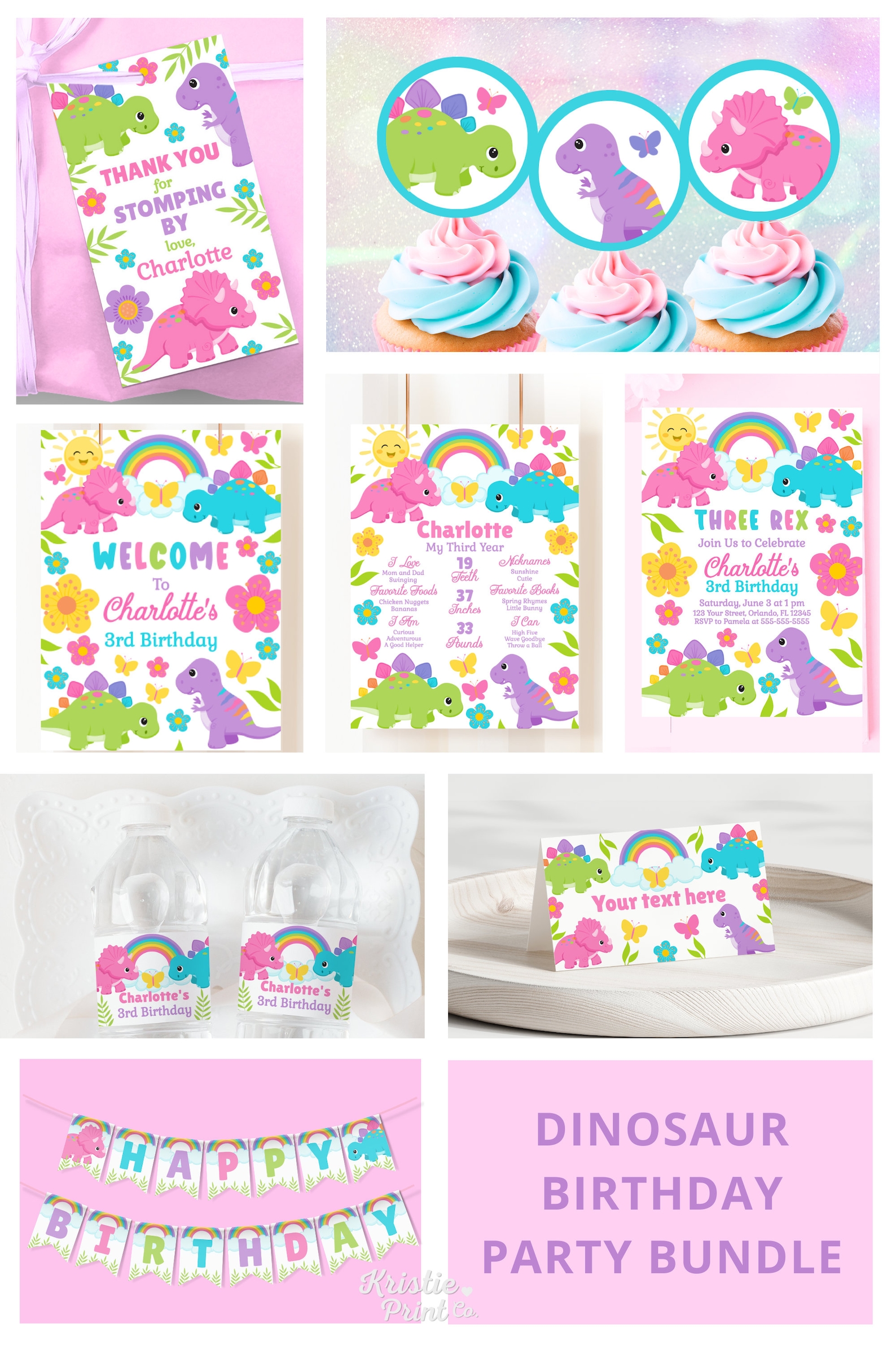 Three Rex Girl Birthday Party Bundle Dinosaur Birthday Dinosaur Party ...