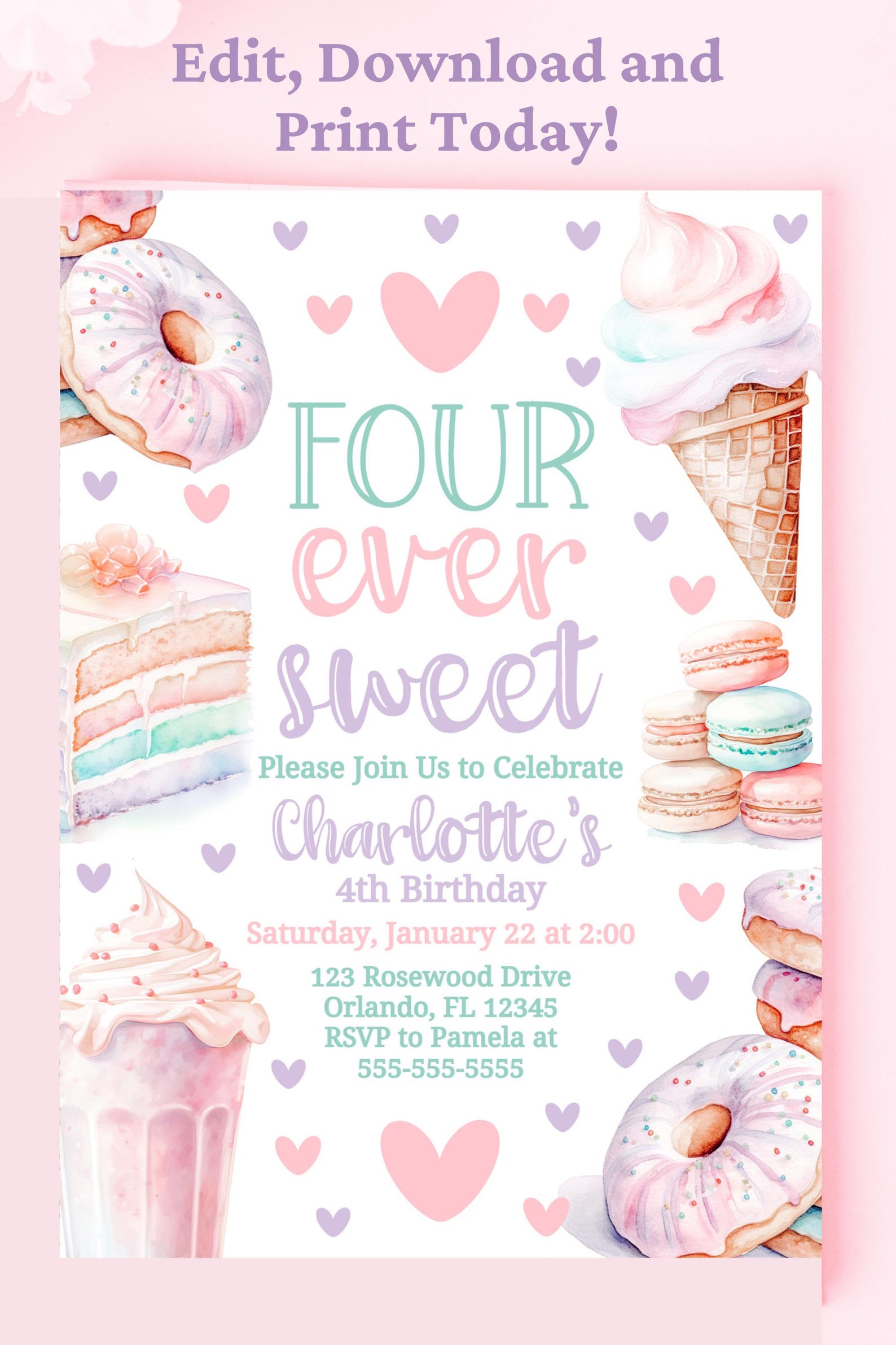 Four Ever Sweet Birthday Invitation Girl 4th Birthday Invite Ice Cream ...