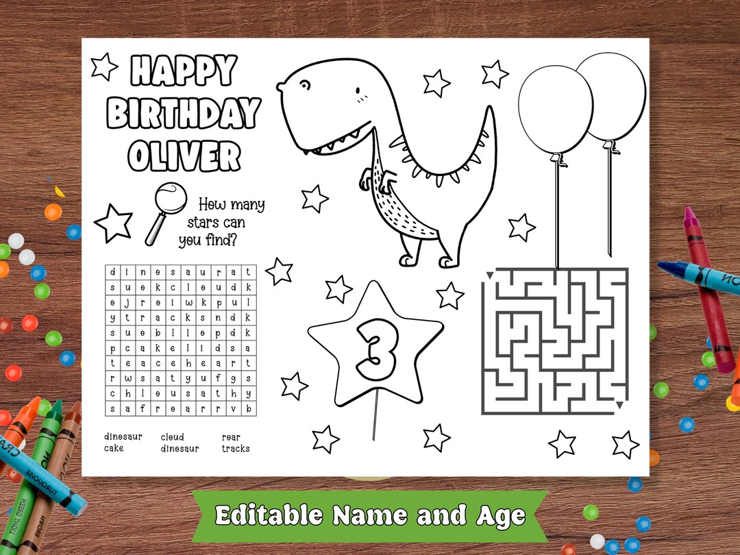 Editable Dinosaur Placemat Dinosaur Birthday Party Placemat Dinosaur ...