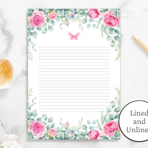 Pink Roses Stationery, Floral Lined Paper, Printable Stationery Paper ...