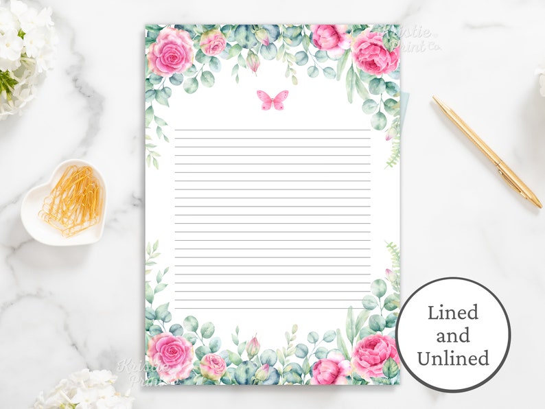 Pink Roses Stationery, Floral Lined Paper, Printable Stationery Paper ...