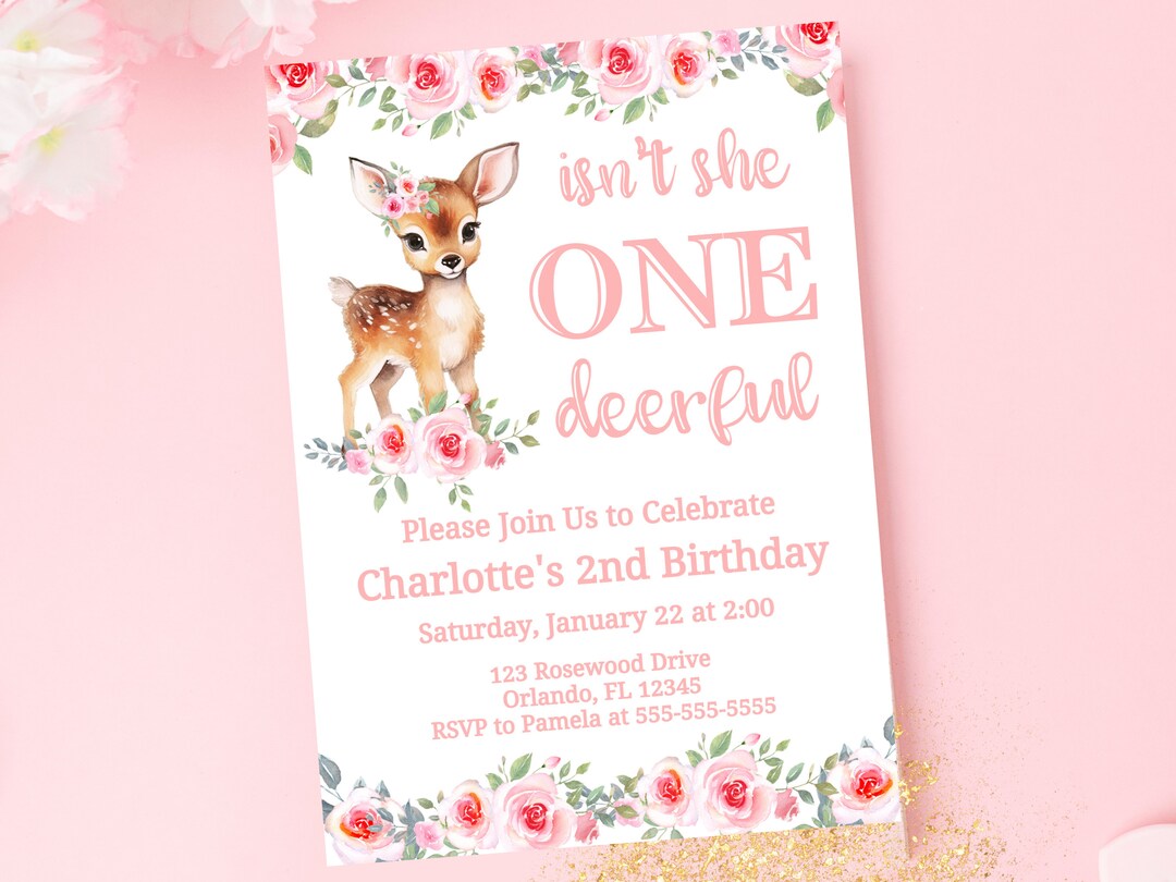 One Deer Ful Birthday Invitations Deer Birthday Invite Girl First ...