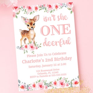 One Deer Ful Birthday Invitations Deer Birthday Invite Girl First ...