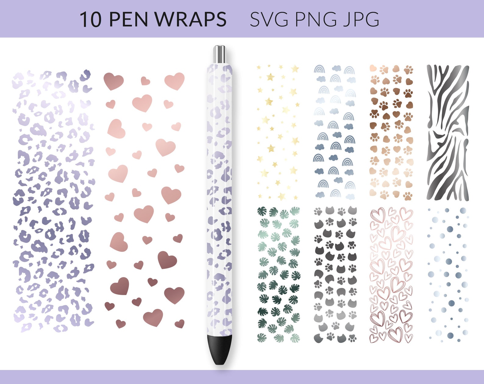 Pen Wrap SVG PNG, Set of 10 Pen Wraps Patterns, Glitter Pen Digital ...