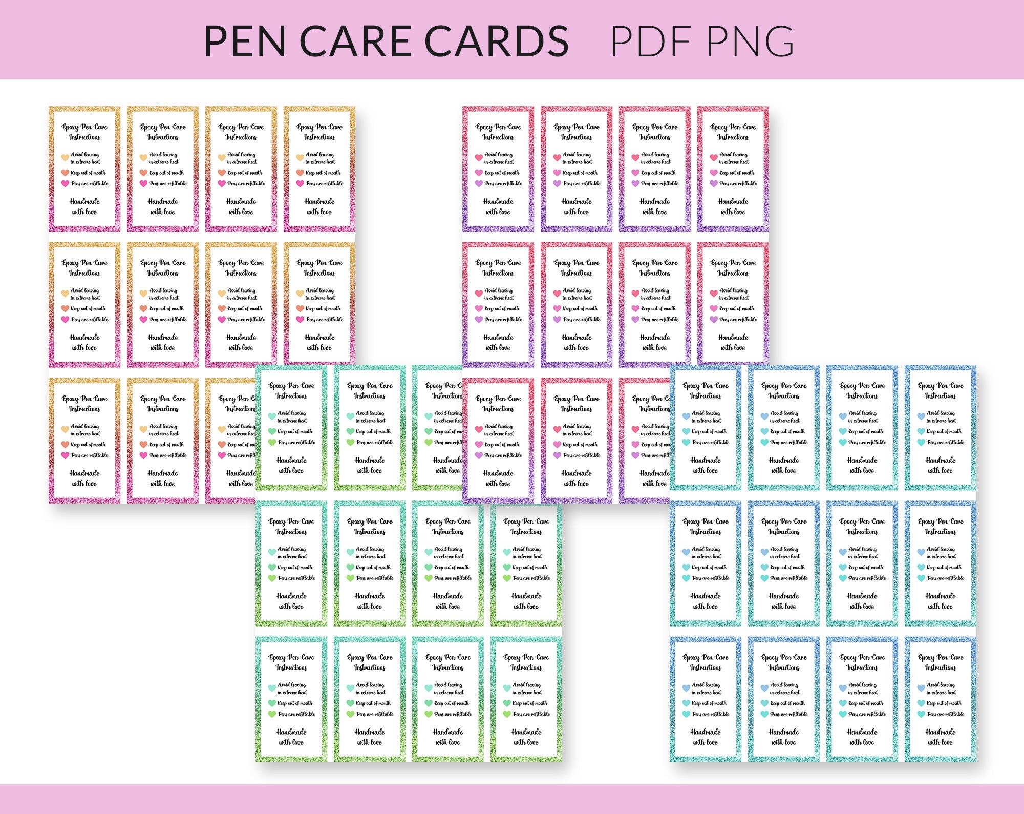 Epoxy Pen Care Card Printable Pen Care Cards PDF PNG Glitter - Etsy