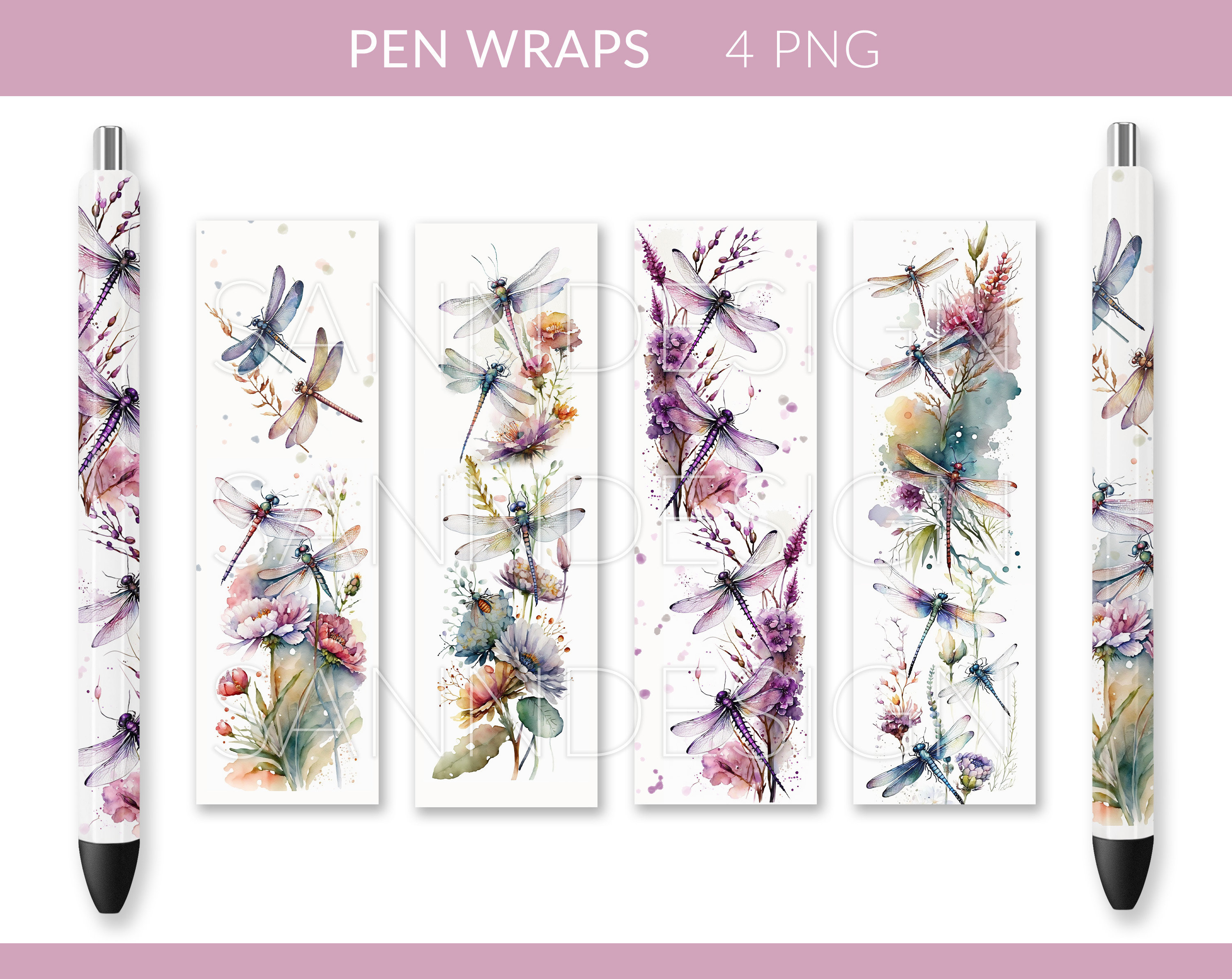 Dragonflies Pen Wraps, Dragonfly Pen Wrap, Dragonflies With Flowers Pen ...