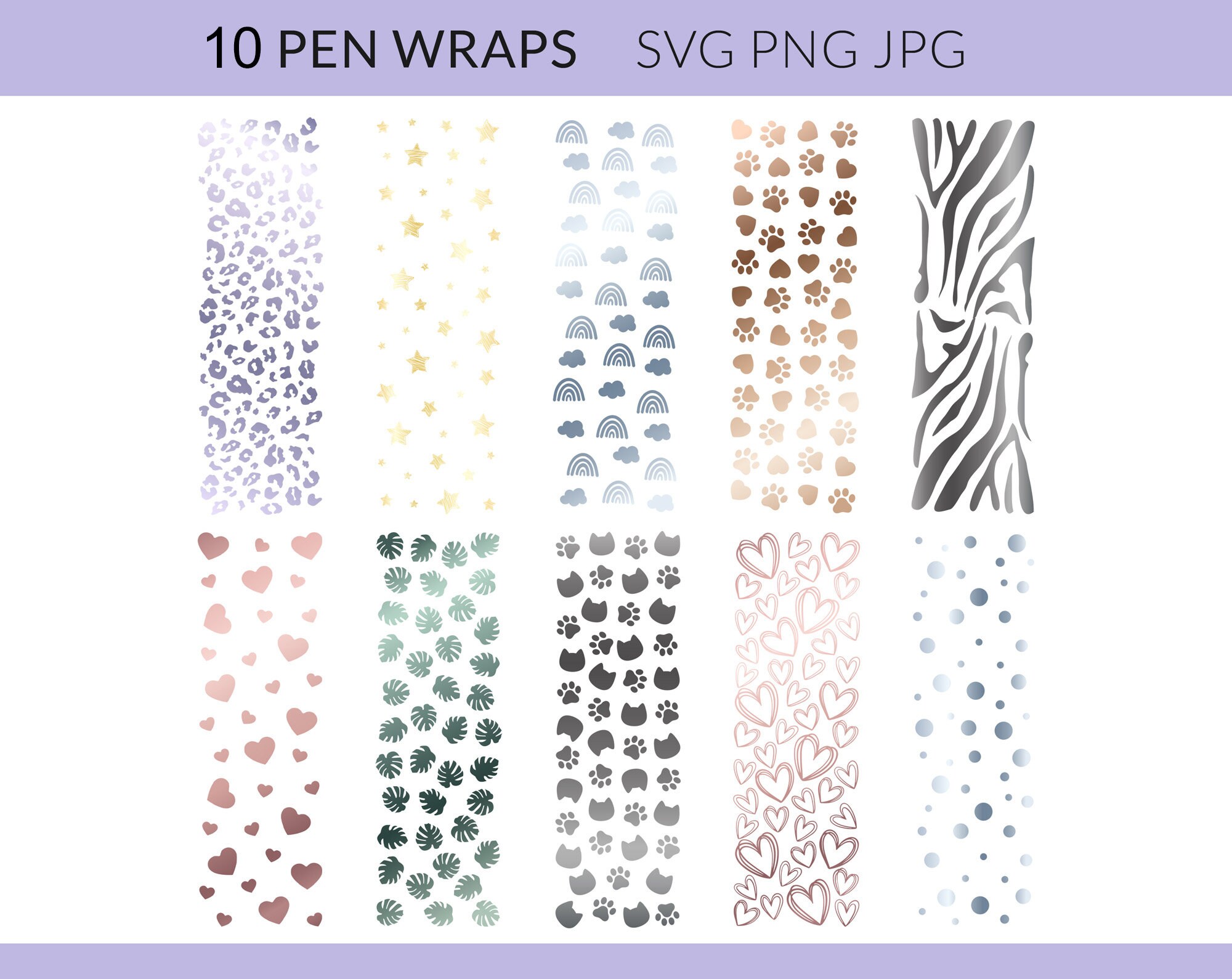 Pen Wrap SVG PNG, Set of 10 Pen Wraps Patterns, Glitter Pen Digital ...