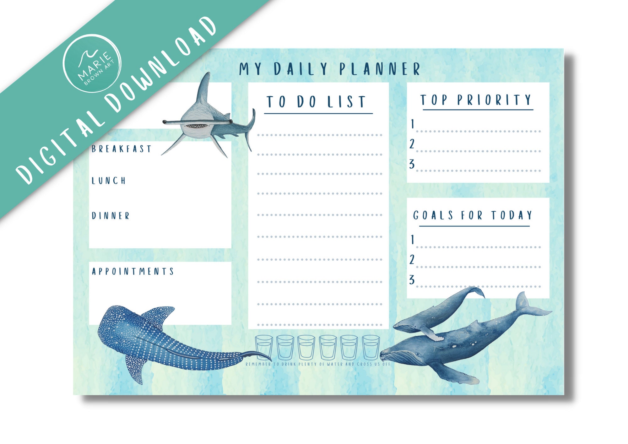 Printable whales and shark blue animal daily planner daily | Etsy