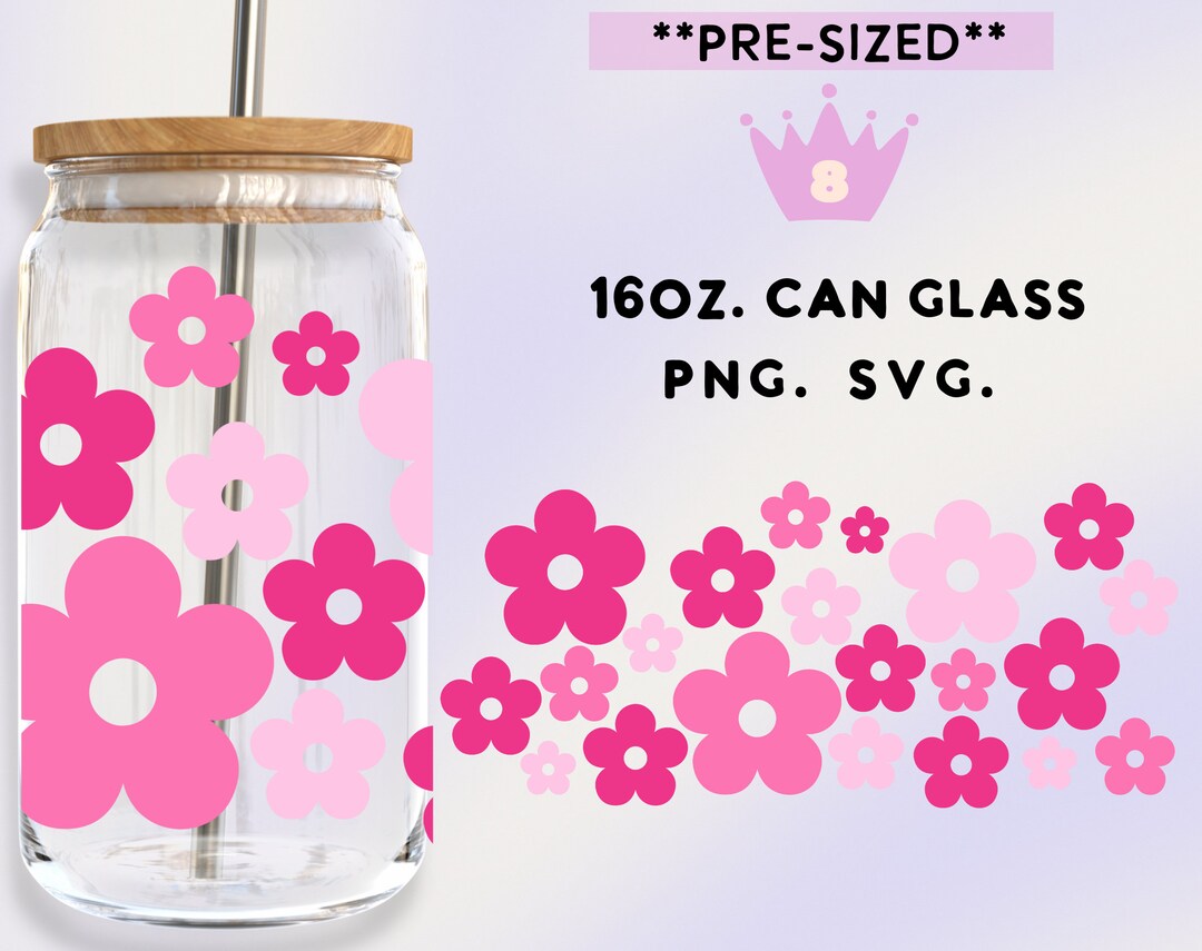 Pink Retro Daisy Flower SVG for Libbey Beer Can Glass Wrap 16 Oz Boho ...