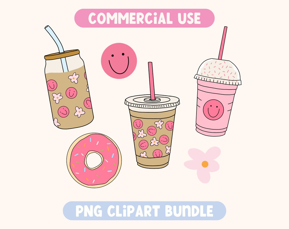 Coffee Cup Clipart Bundle: Smiley Face, Donut PNG (commercial Use) - Etsy