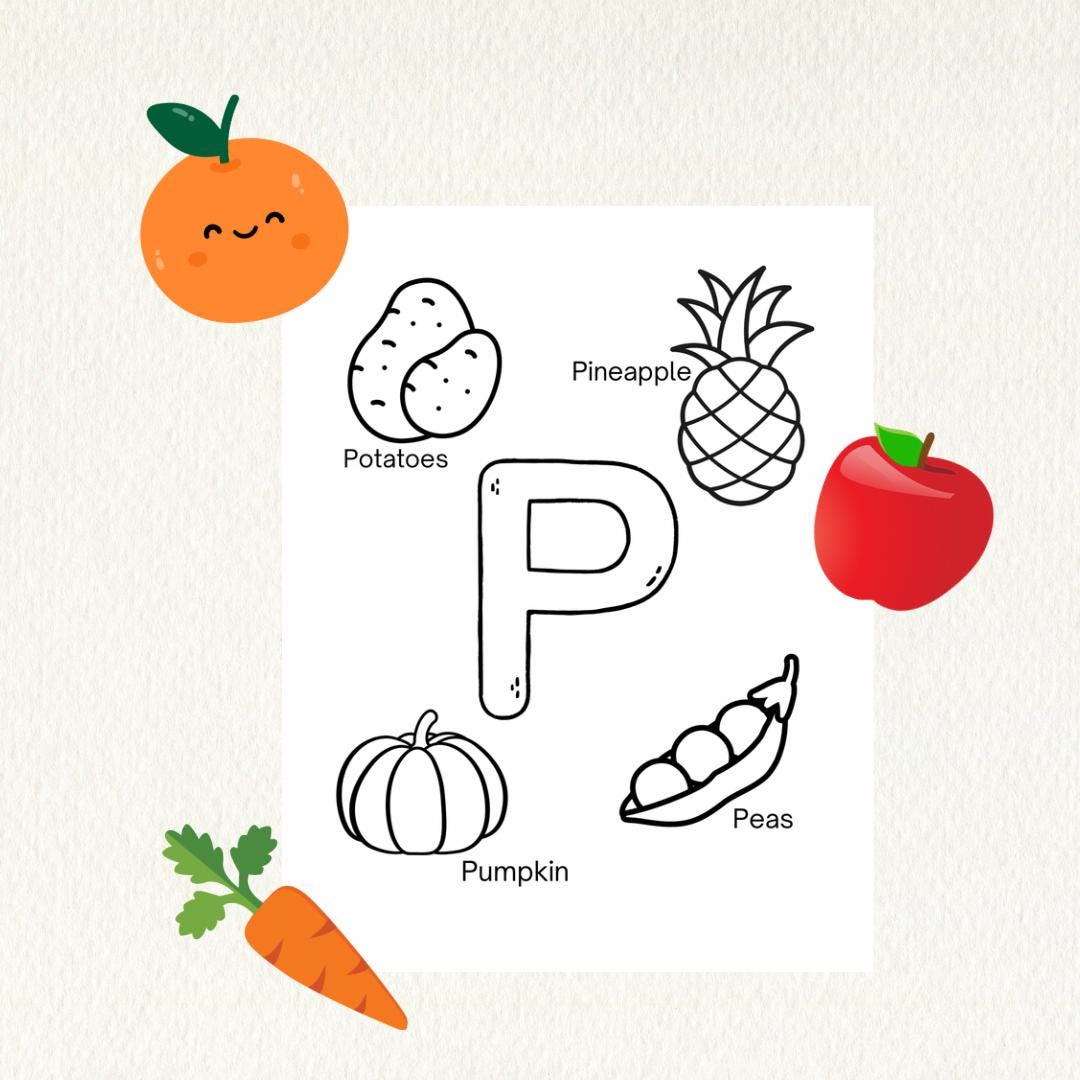Alphabet Coloring Pages With Healthy Foods - Digital Download - Etsy