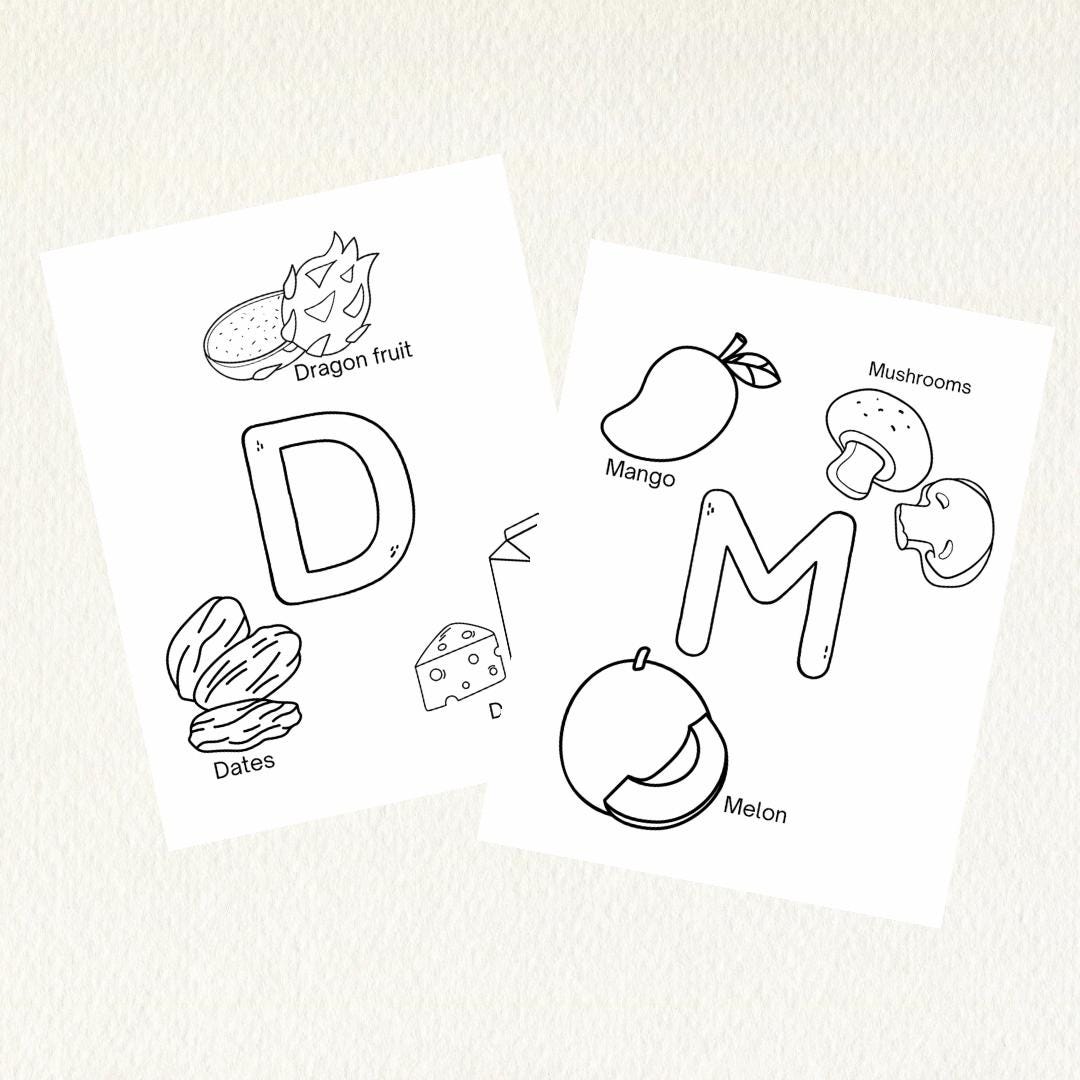 Alphabet Coloring Pages With Healthy Foods - Digital Download - Etsy