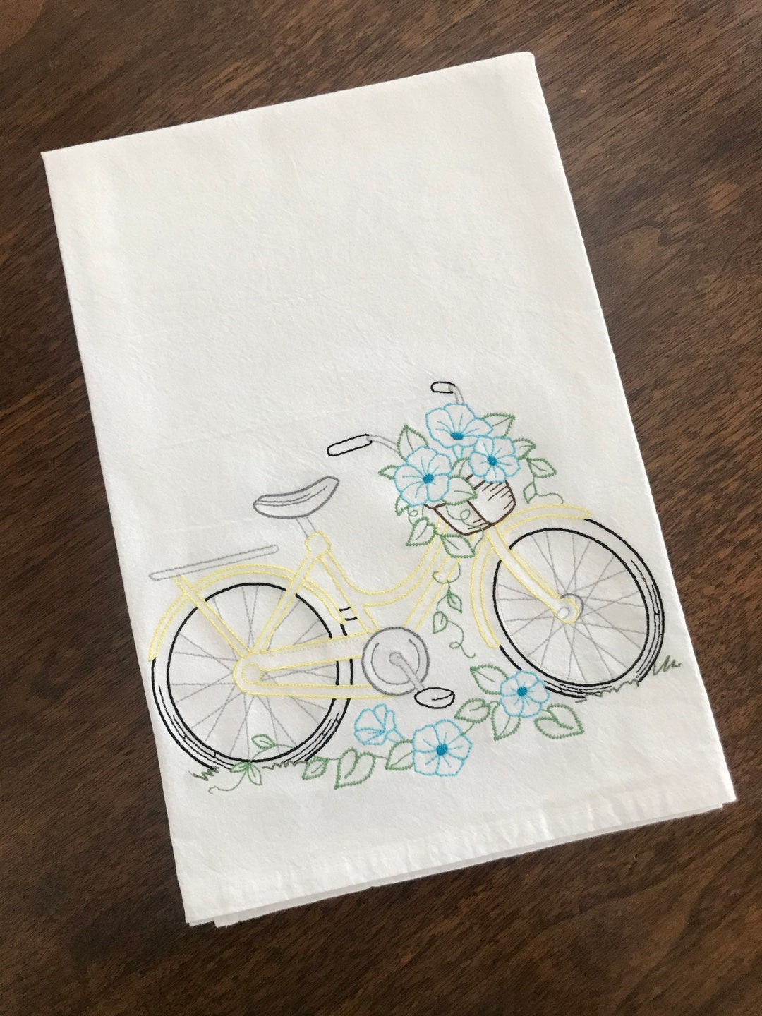 Embroidered Flowers & Vintage Bike Flour-sack Dishtowel - Etsy