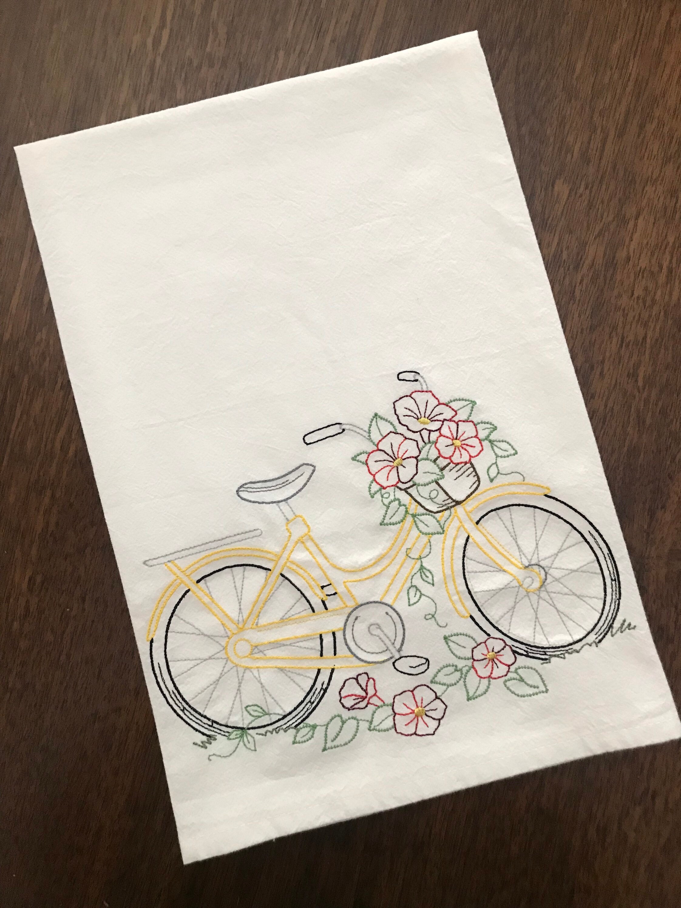 Embroidered Flowers & Vintage Bike Flour-sack Dishtowel - Etsy