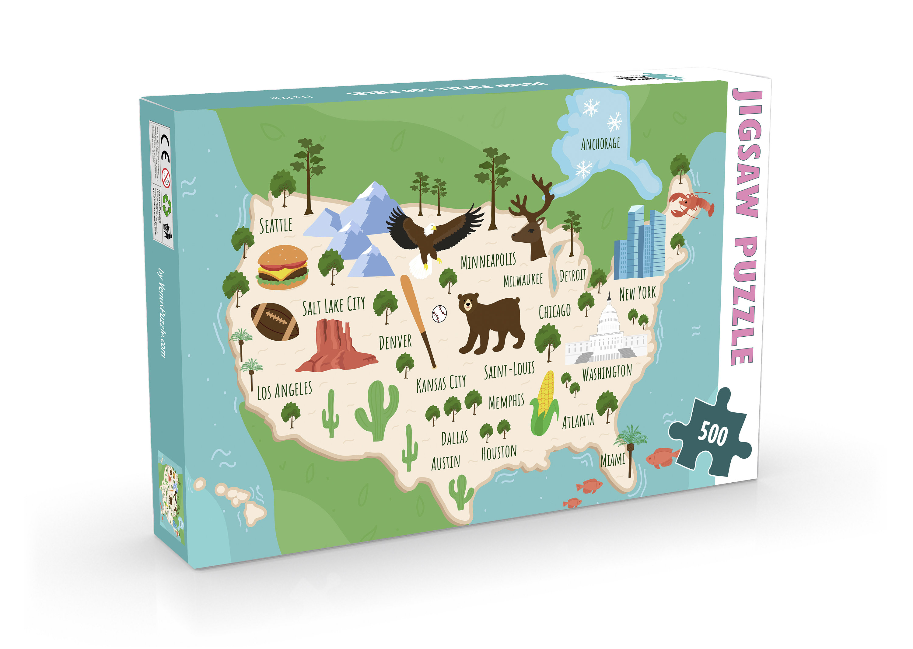 Colorful USA Illustrated Map Jigsaw Puzzle, 500 Pieces Illustrated Map ...