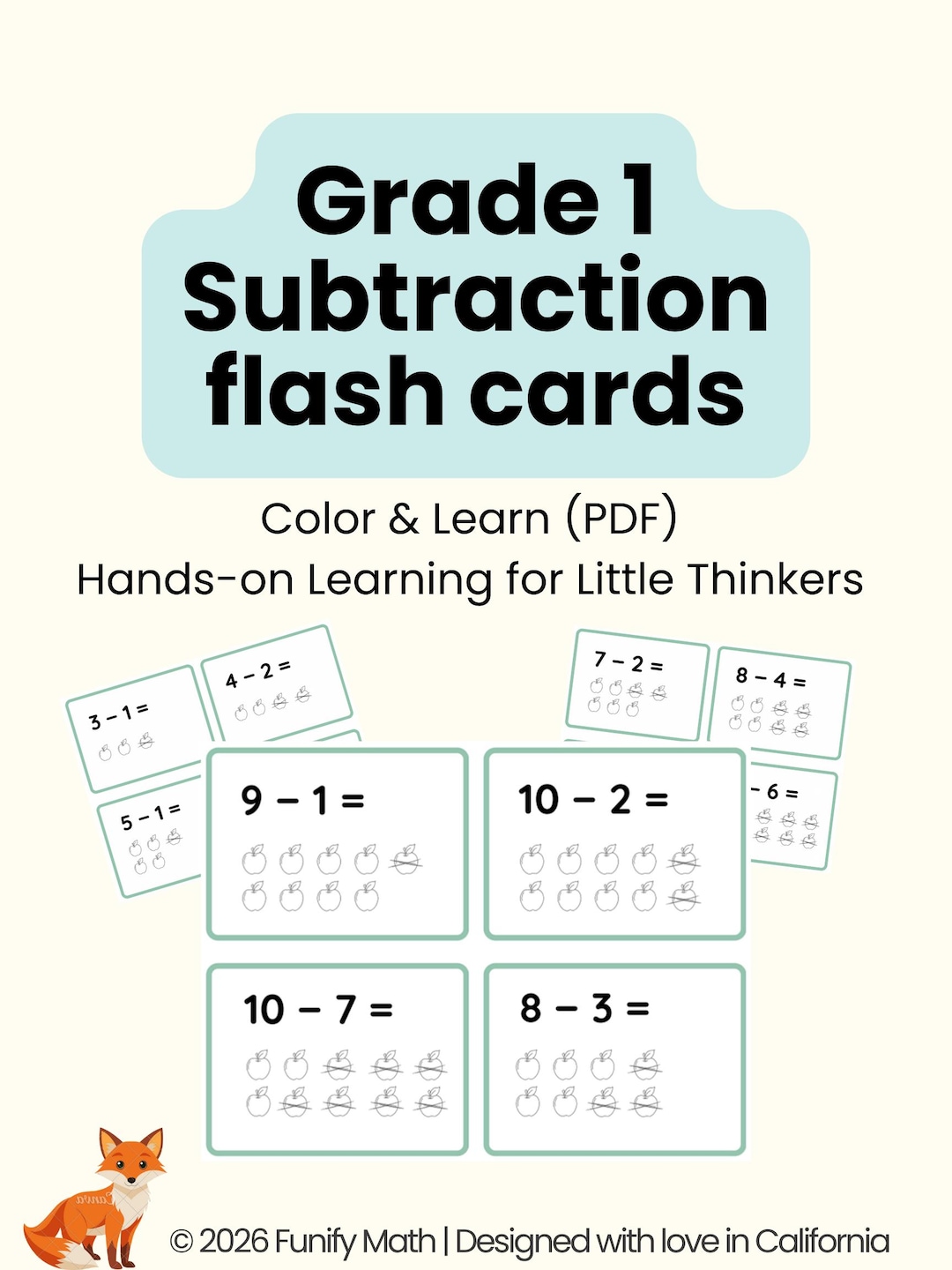 Grade 1 Subtraction Flash Cards • Apple Counting Activity (printable ...
