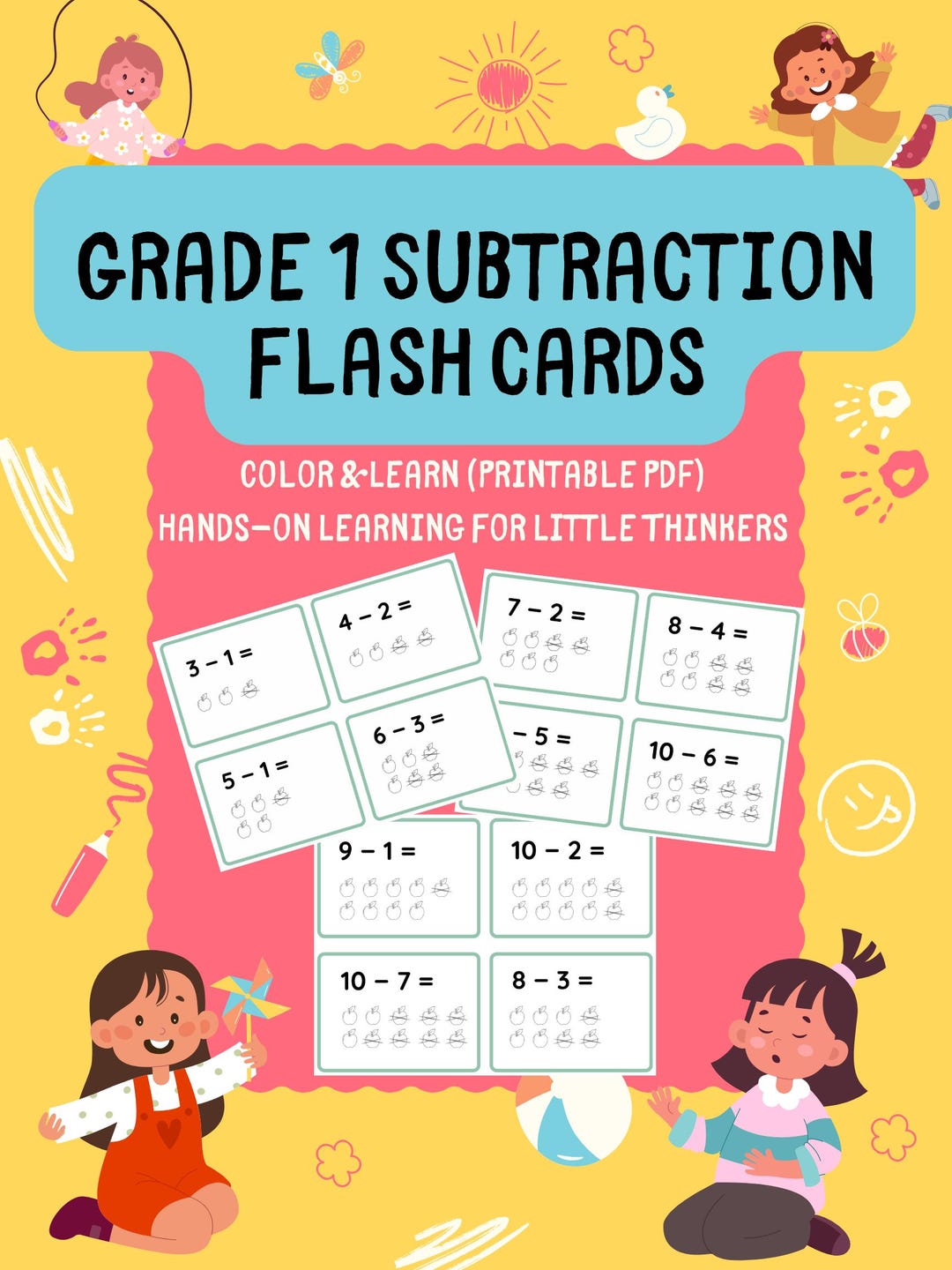 32 Subtraction Task Cards • Grade 1 Math Within 20 • Counting Apples ...