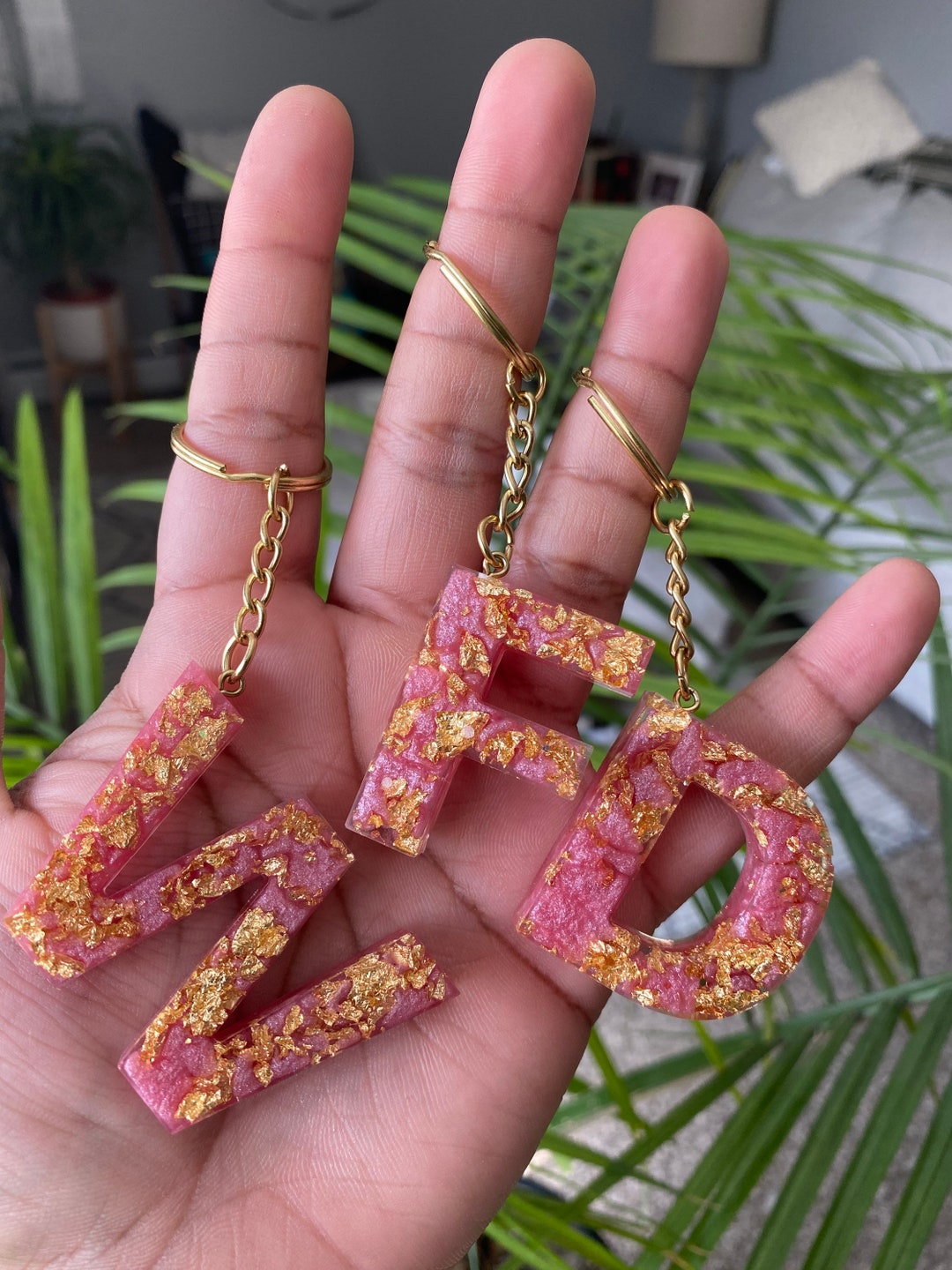 Pink and Gold Letter Keychains - Etsy